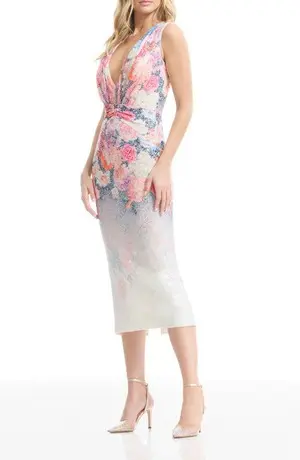 Dress The Population Gretchen Sequin Floral Cocktail Midi Dress