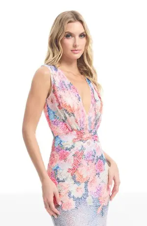 Dress The Population Gretchen Sequin Floral Cocktail Midi Dress