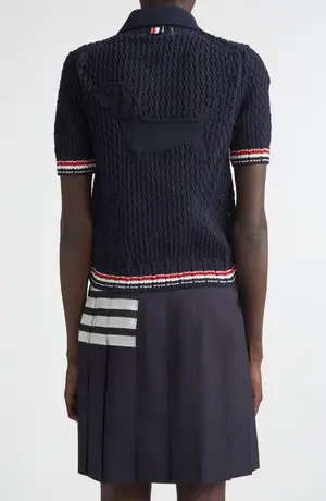 Thom Browne Hector Icon Pointelle Stitch Crop Cardigan - Navy