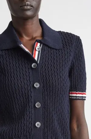 Thom Browne Hector Icon Pointelle Stitch Crop Cardigan - Navy