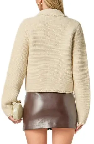 English Factory Faux Pearl Trim Collared Cardigan - Ivory