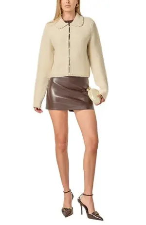 English Factory Faux Pearl Trim Collared Cardigan - Ivory