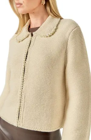 English Factory Faux Pearl Trim Collared Cardigan - Ivory
