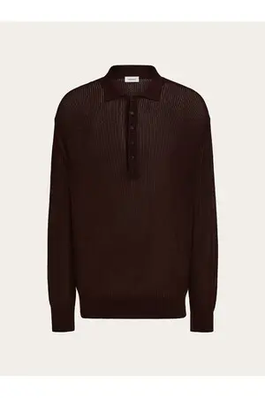 FERRAGAMO Long Sleeve Knitted Silk Polo Shirt - Natural