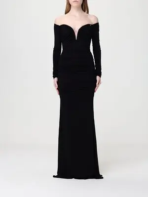 Elisabetta Franchi Long Sleeve Ruched V-neck Gown - Black