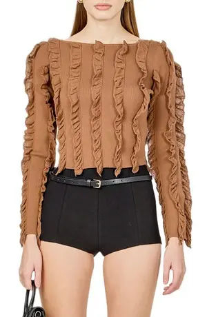 Endless Rose Ruffle Rib Knit Top - Mocha Mousse