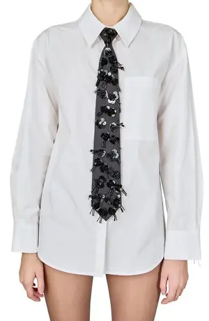 Endless Rose Detachable Sequin Tie Button-up Shirt