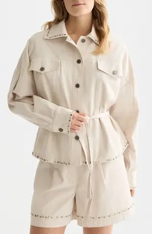 Scotch & Soda Embellished Belted Cotton Trucker Jacket - Fog