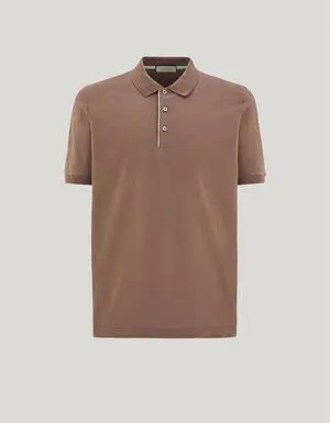Canali Taupe Cotton Polo Shirt With Contrasting Piping On The Button Placket