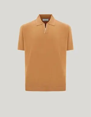 Canali Caramel Cotton And Silk Polo Shirt With Contrasting Piping