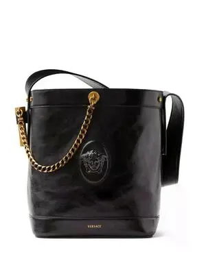 Versace Pivot Small Leather Bucket Bag - Black