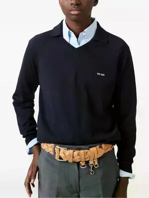 Miu Miu Wool Polo Sweater With Intarsia Logo - Blue