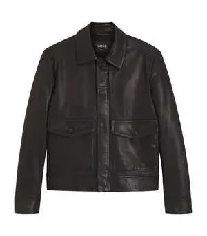 BOSS Calf Leather Aviator Jacket - Brown