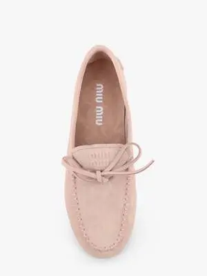 Miu Miu Suede Loafer With Bow Detailing And Logo