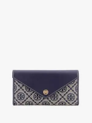 Tory Burch Leather And T Monogram Fabric Wallet - Blue