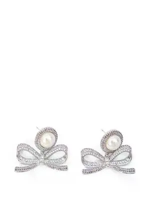 SELF-PORTRAIT Crystal Pearl Bow Earrings - Silver