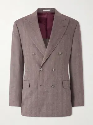 Brunello Cucinelli Double-breasted Herringbone Linen And Virgin Wool-blend Suit Jacket - Brown
