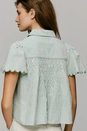 Maeve Cotton Scalloped Swing Top - Green / White Stripe