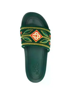 Casablanca Floral Embroidered Slides - Green