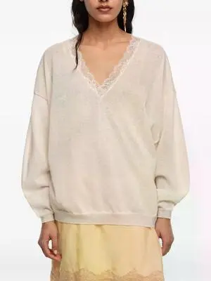 Bimba Y Lola Lace Trim V-neck Top - Neutrals