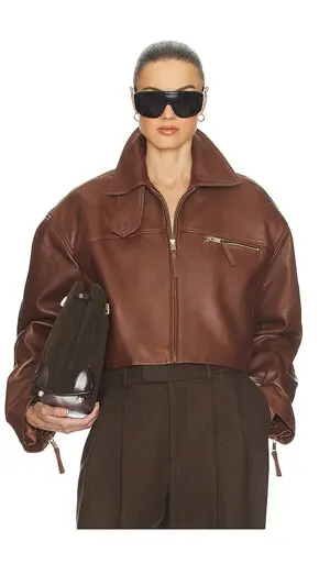 HELSA Leather Oversized Moto Jacket - Brown