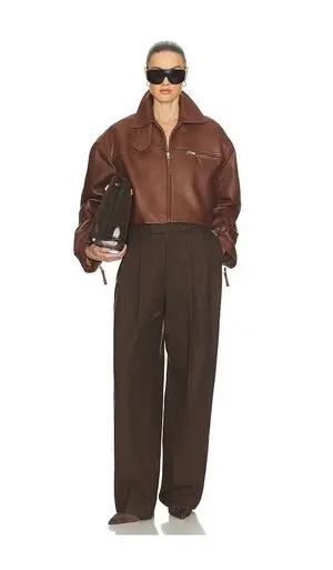 HELSA Leather Oversized Moto Jacket - Brown