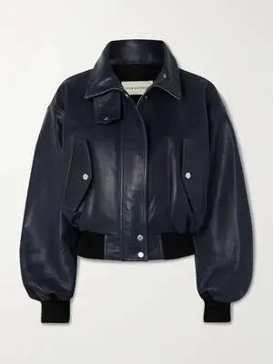 Nour Hammour Briar Cropped Leather Bomber Jacket - Navy