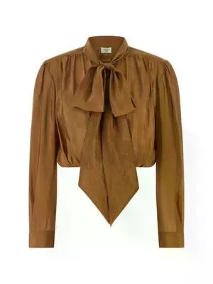 Saint Laurent Tie-neck Cropped Blouse - Brown