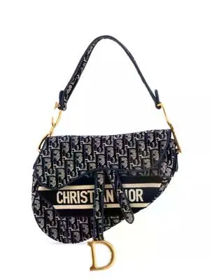 Dior Saddle Handbag Logo Embroidered Oblique Velvet Medium Shoulder Bag - Blue