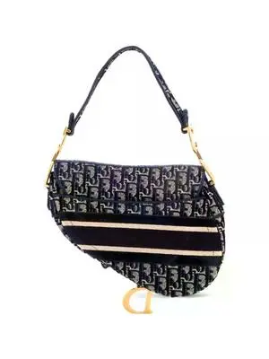 Dior Saddle Handbag Logo Embroidered Oblique Velvet Medium Shoulder Bag - Blue