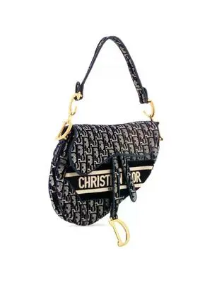 Dior Saddle Handbag Logo Embroidered Oblique Velvet Medium Shoulder Bag - Blue