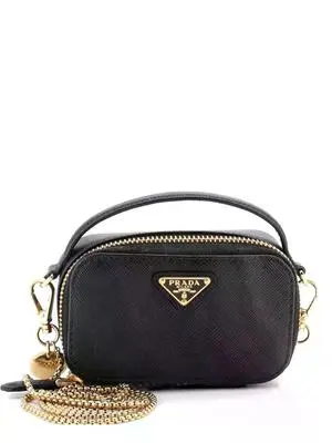 Prada Triangle Logo Top Handle Pouch Saffiano Leather Mini Crossbody Bag - Black