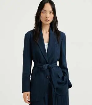 Brunello Cucinelli Chalk Stripe Belted Blazer