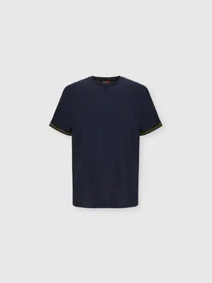 UM Crew-neck Cotton Jacquard T-shirt With Tone-on-tone Zigzag Design - Blue