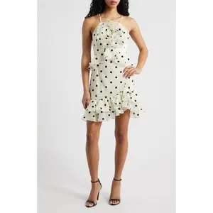 LUCY PARIS Remy Polka Dot Rosette Ruffle Mini Dress