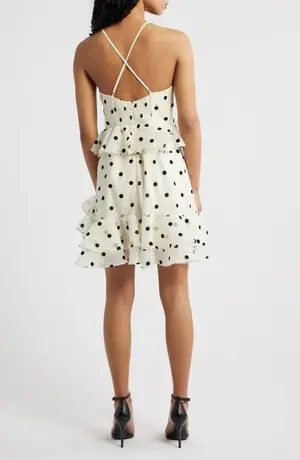 LUCY PARIS Remy Polka Dot Rosette Ruffle Mini Dress