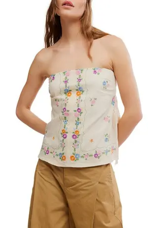 Free People Embroidered Strapless Cotton Top - Cream Combo