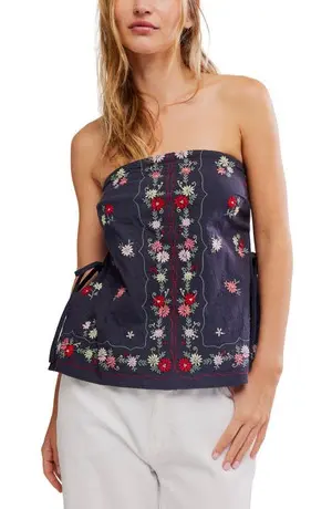 Free People Embroidered Strapless Cotton Top - Navy Combo