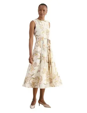 HOBBS LONDON Uma Linen Blend Midi Dress - Cream Multi