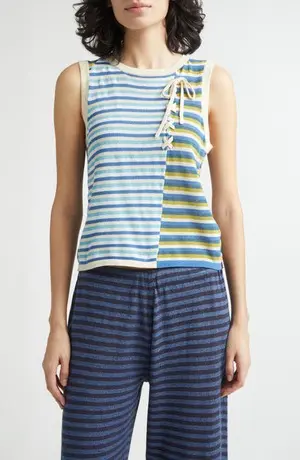 YANYAN Romy Stripe Lace-up Sleeveless Cotton Blend Sweater - Sky Multi