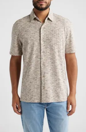 Johnston & Murphy Linden Textured Short Sleeve Button-up Shirt - Ivory/brown Stripe
