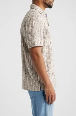 Johnston & Murphy Linden Textured Short Sleeve Button-up Shirt - Ivory/brown Stripe