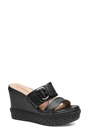 Johnston & Murphy Buckle Platform Wedge Slides - Black Raffia/nappa Leather