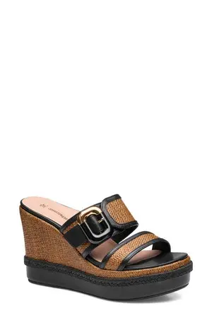 Johnston & Murphy Addison Buckle Platform Wedge Slide Sandal - Cognac Raffia