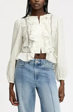 Sam Edelman Lace Inset Ruffle Cotton Button-up Shirt - Bright White