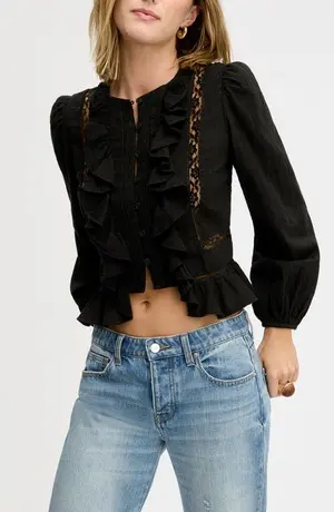 Sam Edelman Lace Inset Ruffle Cotton Button-up Shirt