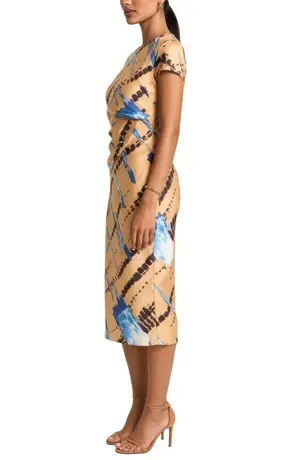AREA STARS Avery Print Draped Satin Dress - Tan Abstract