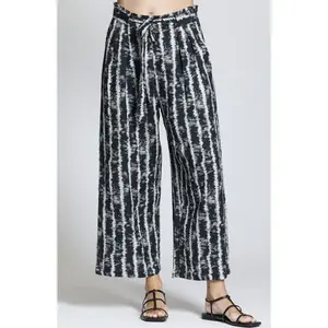 APNY Tie Dye Stripe Crop Wide Leg Cotton Blend Drawstring Pants - Blackwhite