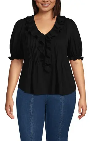 LANDS' END Puff Sleeve Slub Ruffle Pintuck Top Black