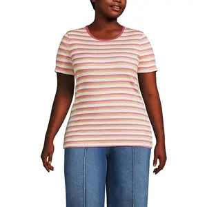 LANDS' END Micro Rib Knit T-shirt - Ivory/coral Multi Stripe